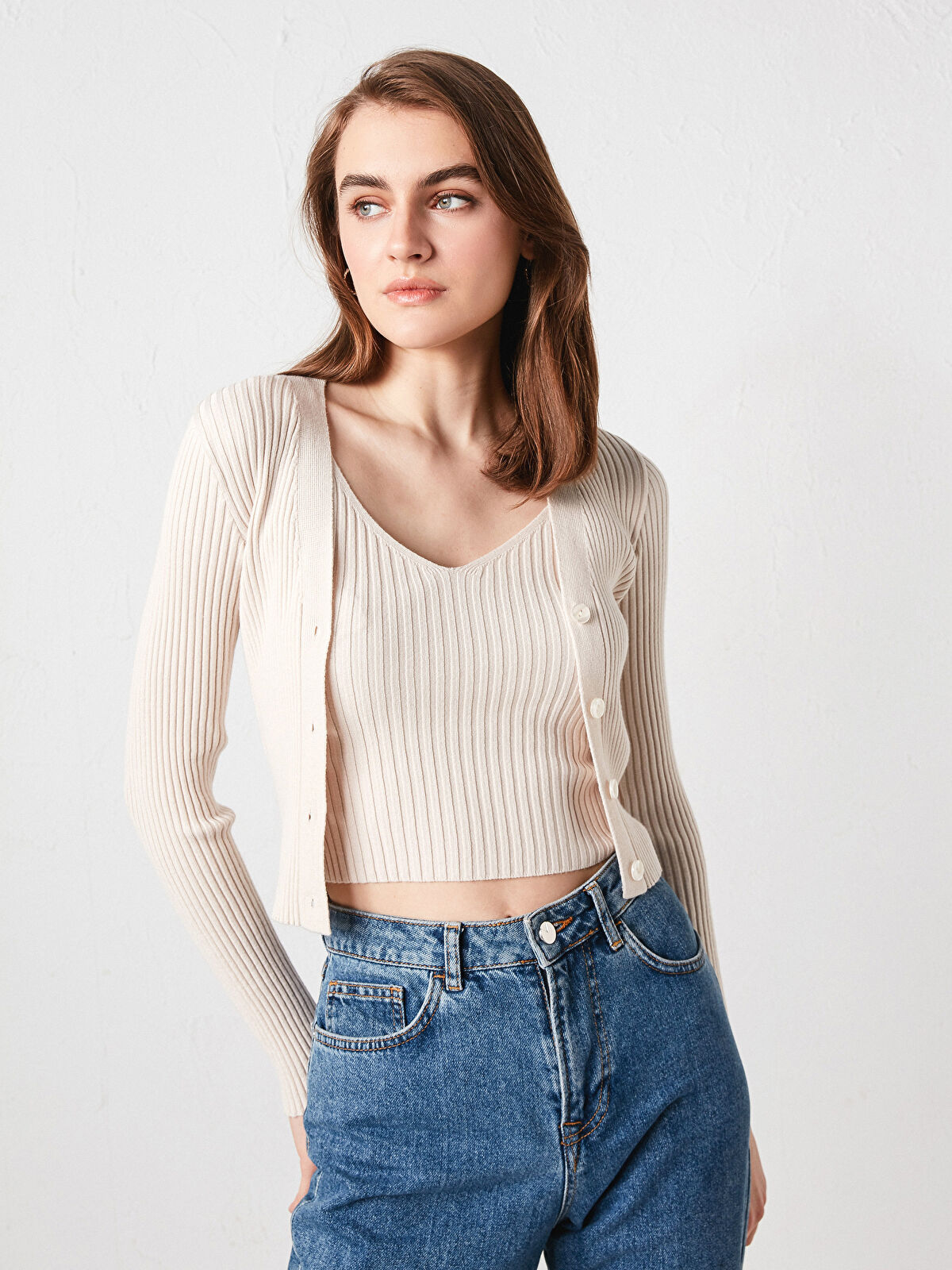 LCW VISION V Yaka Düz Kadın Triko Hırka ve Atlet