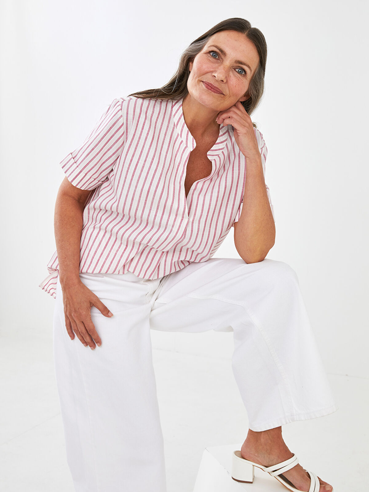 LCW GRACE Kaçık Yaka Çizgili Kısa Kollu Pamuklu Kadın Bluz LCW GRACE Kaçık Yaka Çizgili Kısa Kollu Pamuklu Kadın Bluz