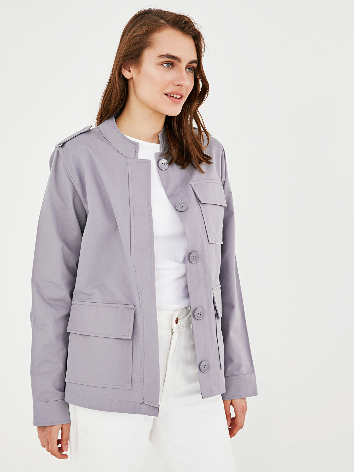 LCW CLASSIC Dik Yaka Düğme Kapamalı Uzun Kollu İnce Kadın Mont