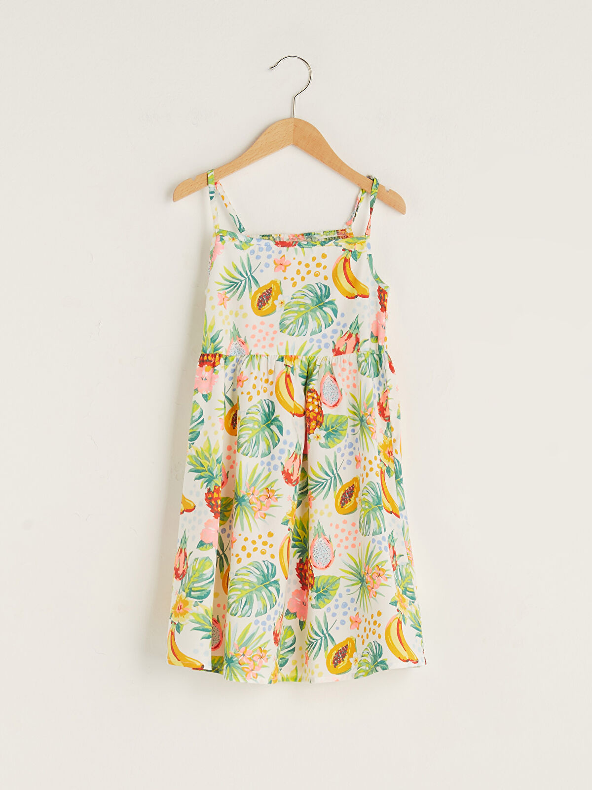 Kare Yaka Desenli Askılı Poplin Kız Çocuk Elbise