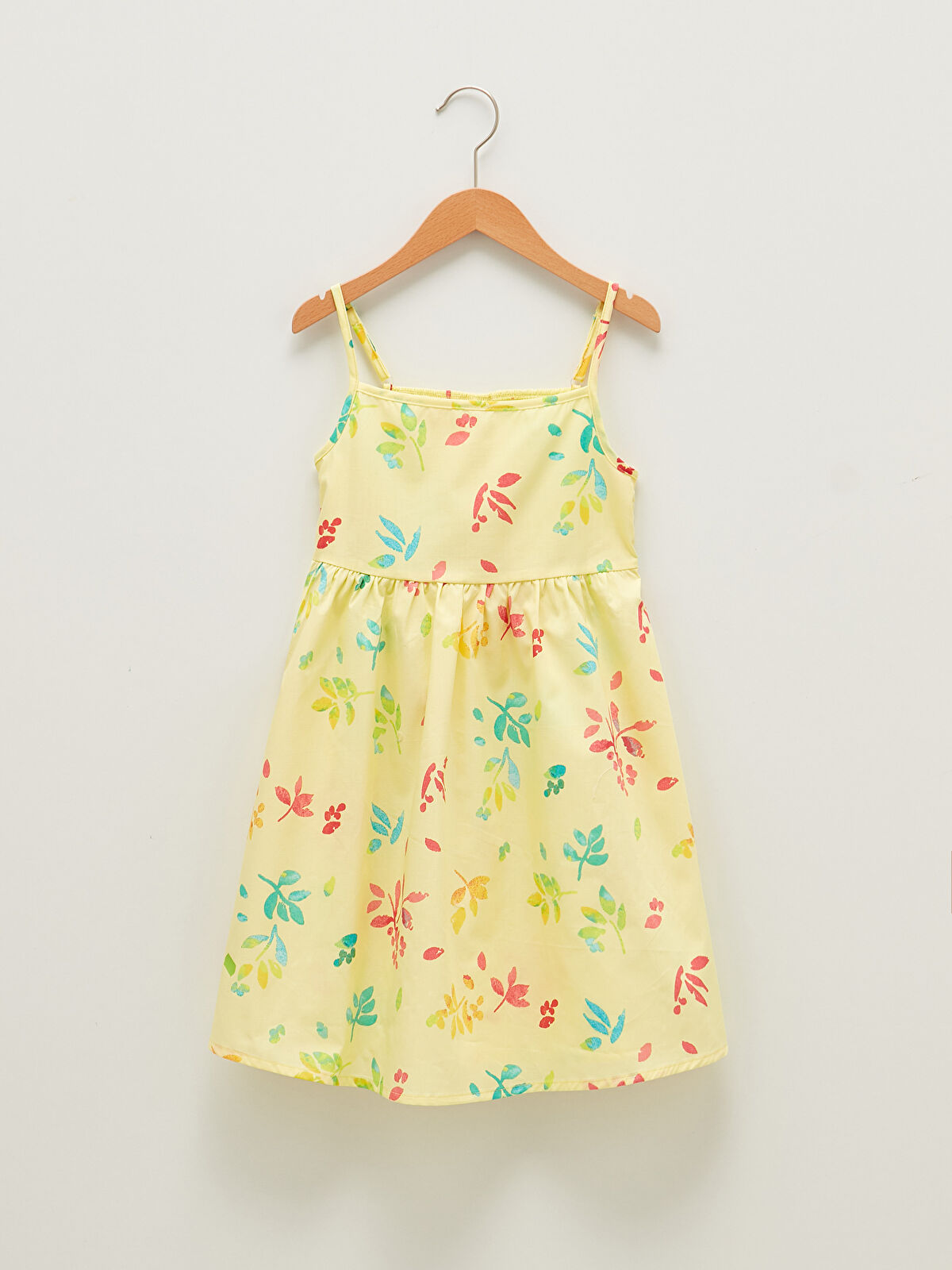 Kare Yaka Desenli Askılı Poplin Kız Çocuk Elbise