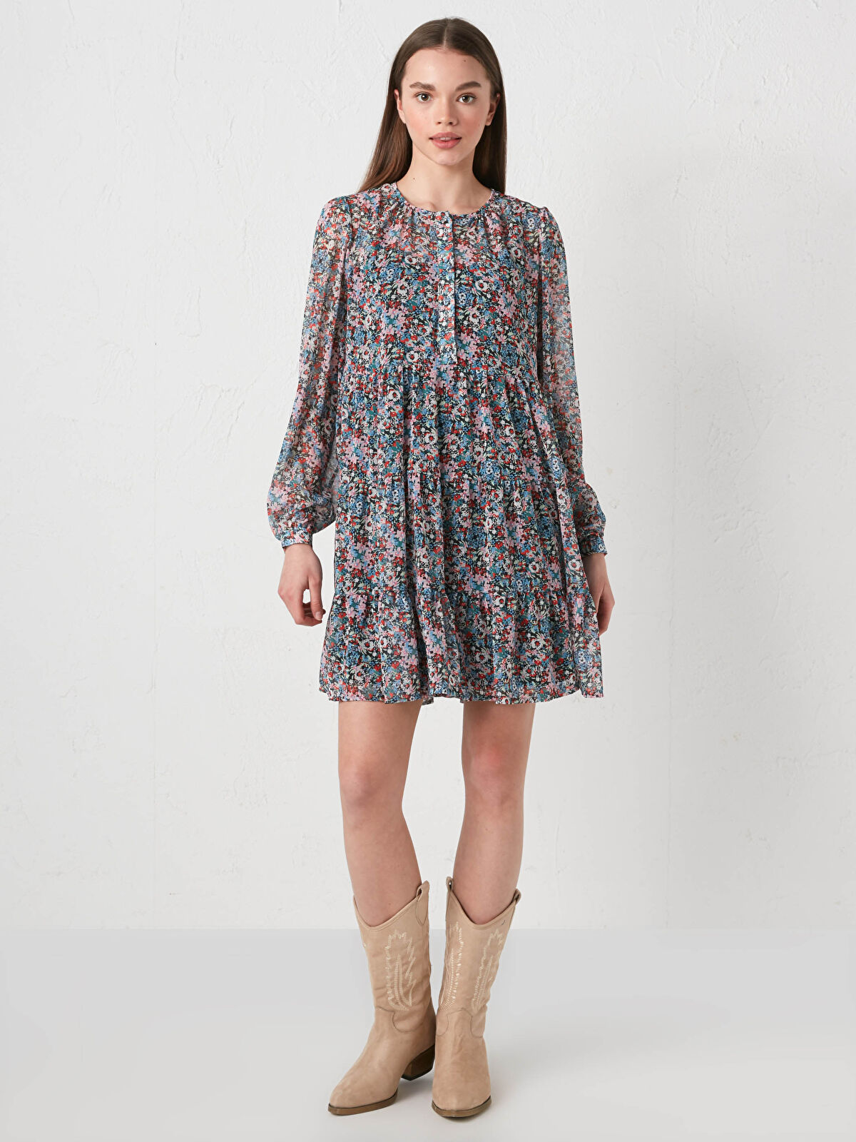 LCW VISION Bisiklet Yaka Çiçek Desenli Uzun Kollu Kadın Elbise