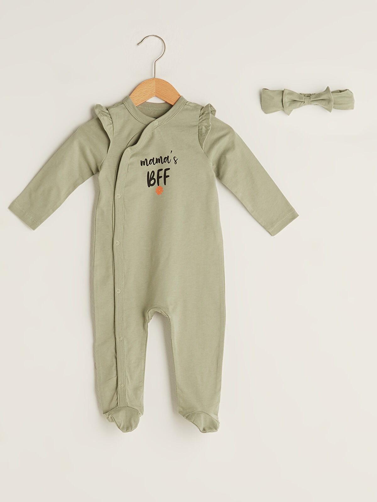 Bisiklet Yaka Uzun Kollu Baskılı Kız Bebek Tulum ve Saç Bandı 2'li Takım