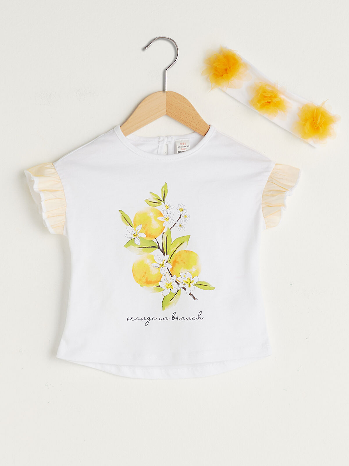 Bisiklet Yaka Kısa Kollu Baskılı Kız Bebek Tişört ve Saç Bandı 2'li Takım