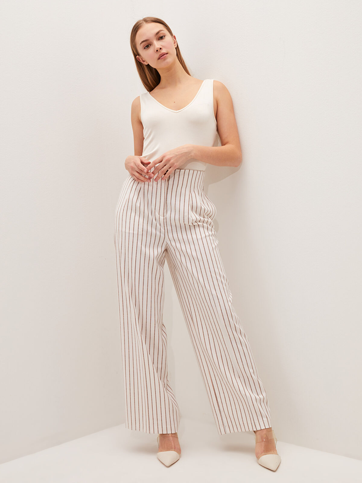 LCW VISION Yüksek Bel Bol Fit Çizgili Geniş Paça Kadın Pantolon