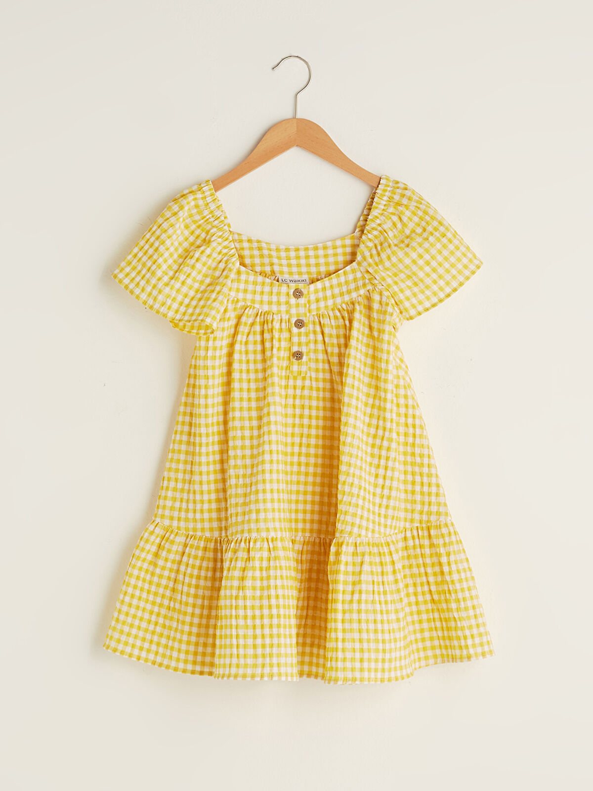 Kare Yaka Ekose Kısa Kollu Kız Çocuk Elbise