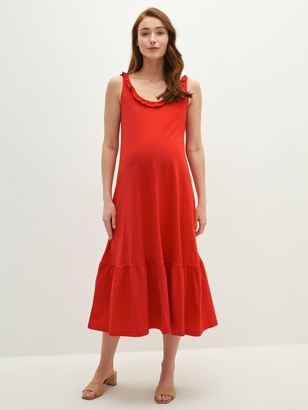 Bisiklet Yaka Askılı Fırfır Detaylı Hamile Elbise