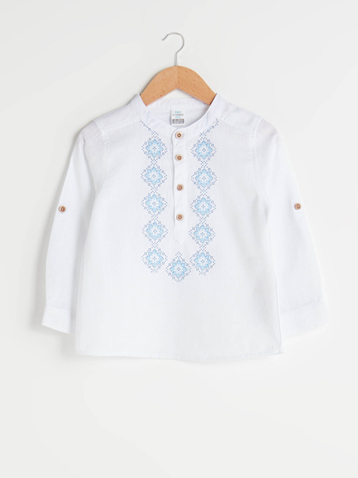 Hakim Yaka Uzun Kollu Nakış Detaylı Poplin Erkek Bebek Gömlek