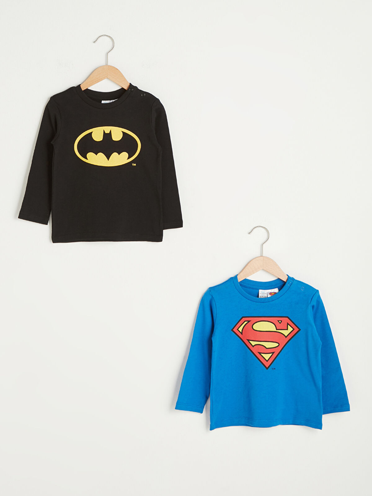 Bisiklet Yaka Uzun Kollu Batman ve Spiderman Baskılı Erkek Bebek Tişört 2'li