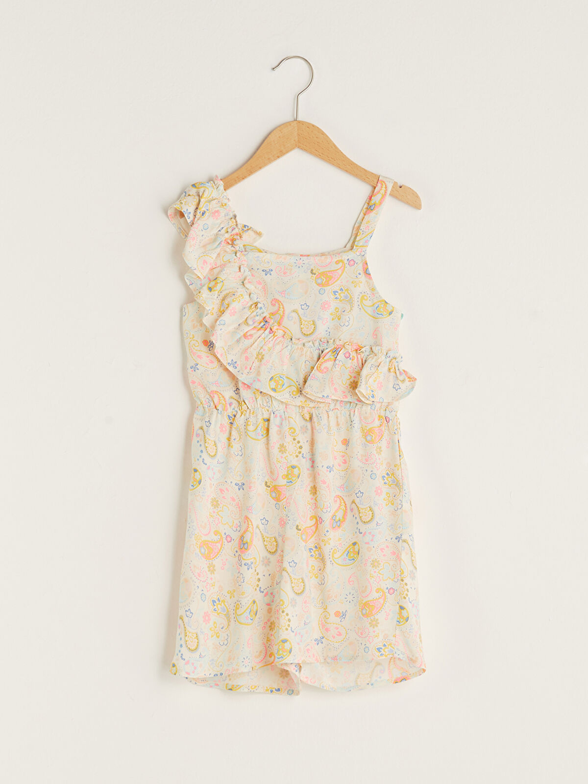 Kare Yaka Desenli Fırfır Detaylı Viskon Kız Çocuk Tulum