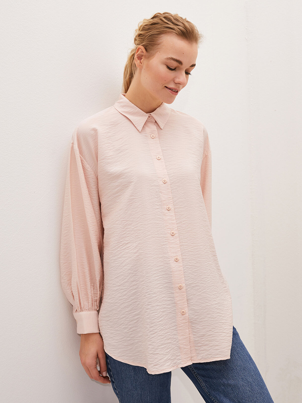 MODEST Düğmeli Gömlek Yaka Düz Uzun Kollu Oversize Kadın Tunik