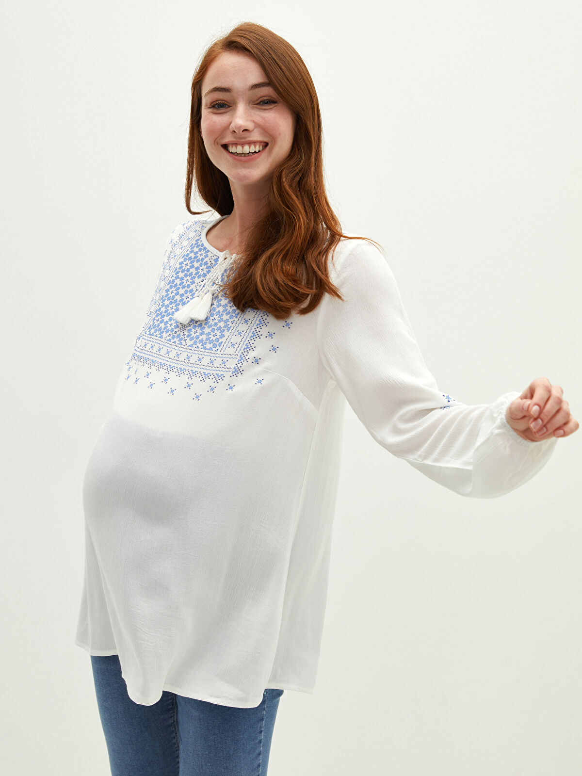 Bağlamalı Yaka Baskılı Uzun Kollu Krinkle Kumaş Hamile Bluz