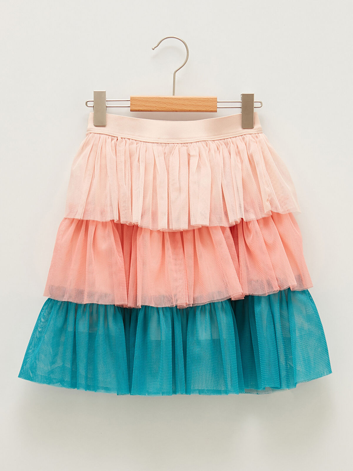 Beli Lastikli Renk Bloklu Fırfırlı Kız Çocuk Tül Etek