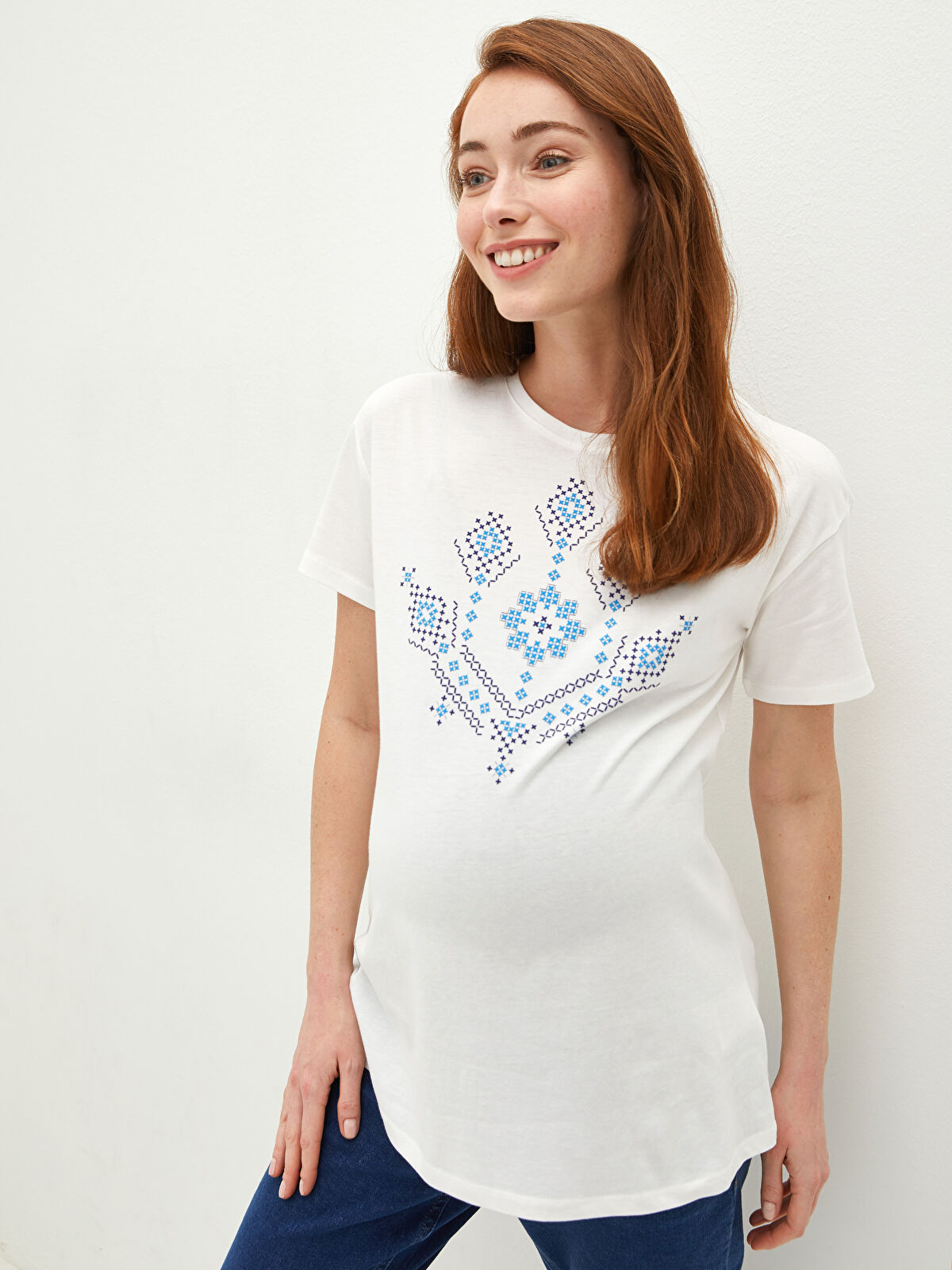 Bisiklet Yaka Desenli Kısa Kollu Pamuklu Hamile Tişört