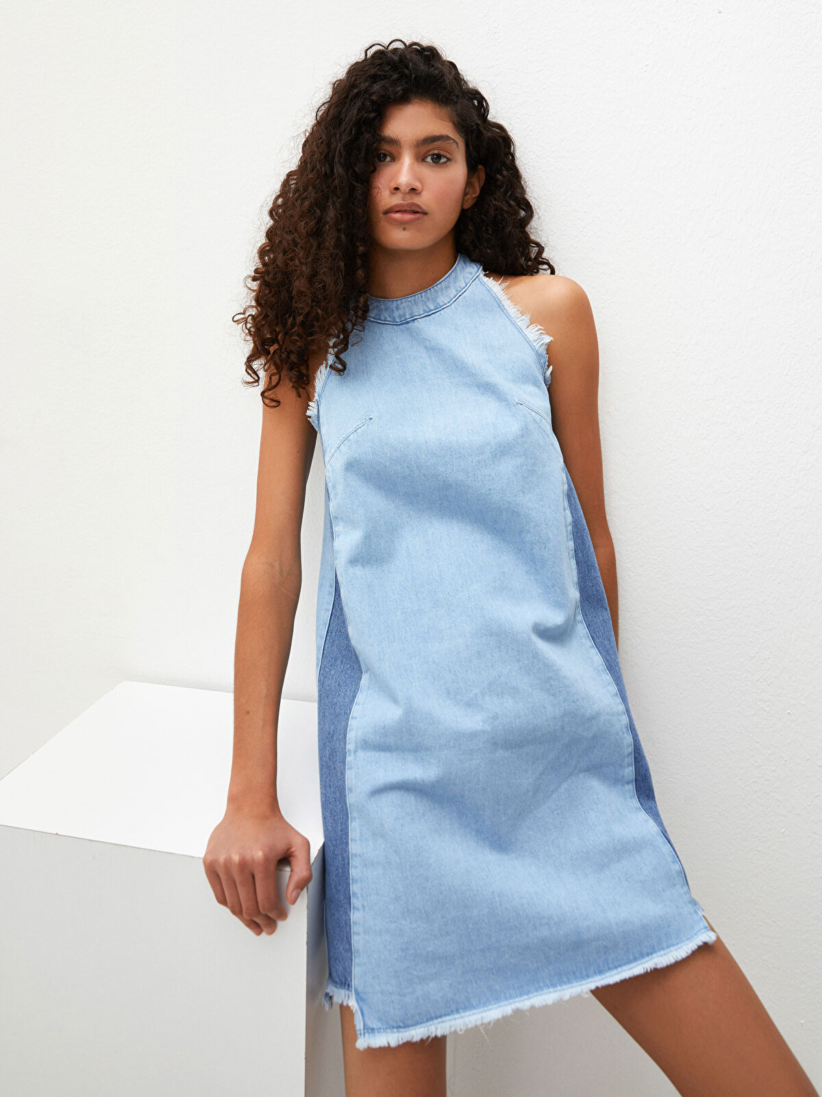 LCW CASUAL Bisiklet Yaka Kolsuz Renk Bloklu Kadın Jean Elbise