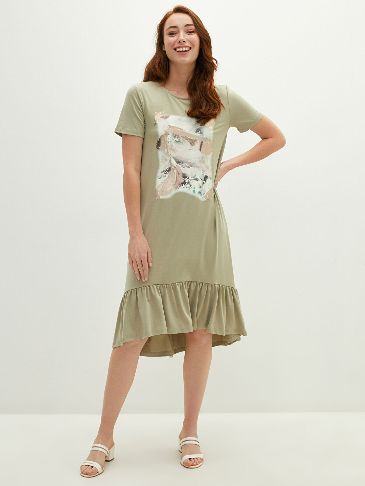 LCW CLASSIC Bisiklet Yaka Baskılı Kısa Kollu A kesim Kadın Elbise