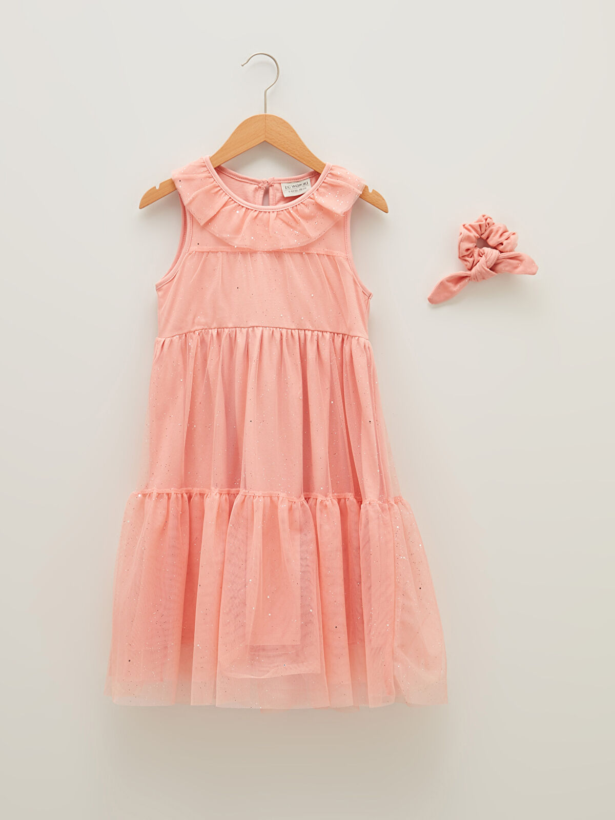 Bisiklet Yaka Fırfır Detaylı Kız Çocuk Tül Elbise ve Toka