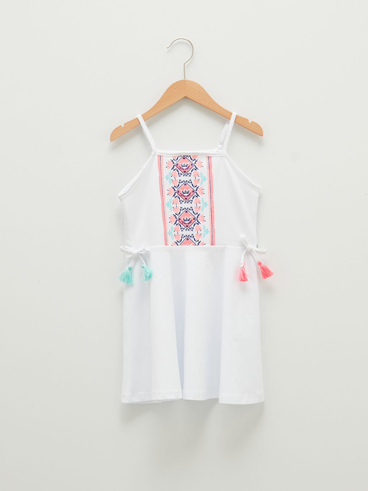 Kare Yaka Askılı Desenli Kız Çocuk Kloş Elbise