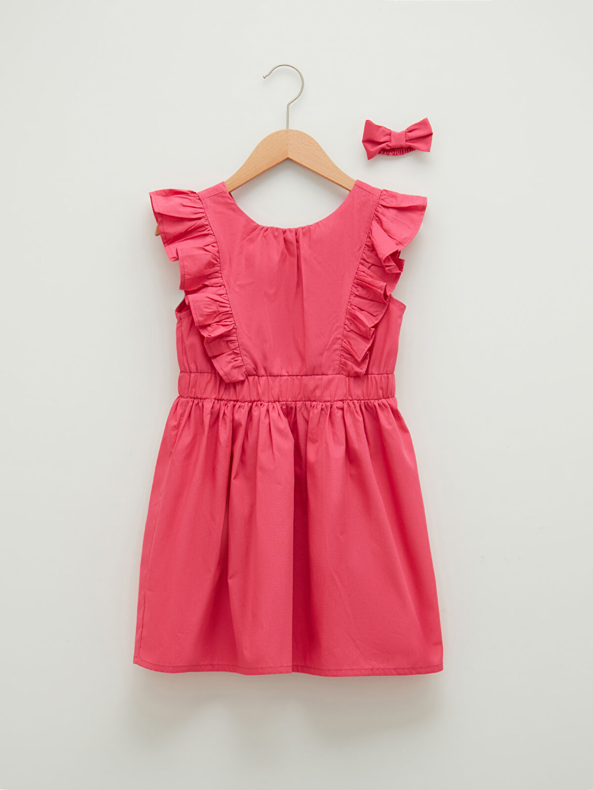 Bisiklet Yaka Fırfır Detaylı Poplin Kız Çocuk Elbise ve Toka