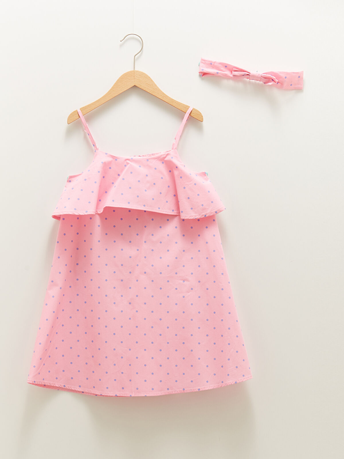 Kare Yaka Puantiyeli Askılı Poplin Kız Çocuk Elbise ve Saç Bandı