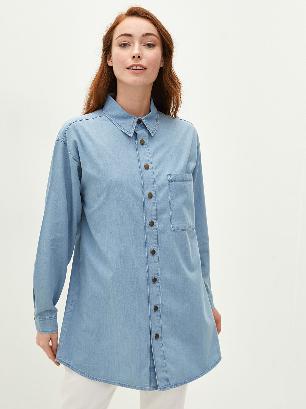 MODEST Gömlek Yaka Düz Cep Detaylı Uzun Kollu Kadın Jean Tunik