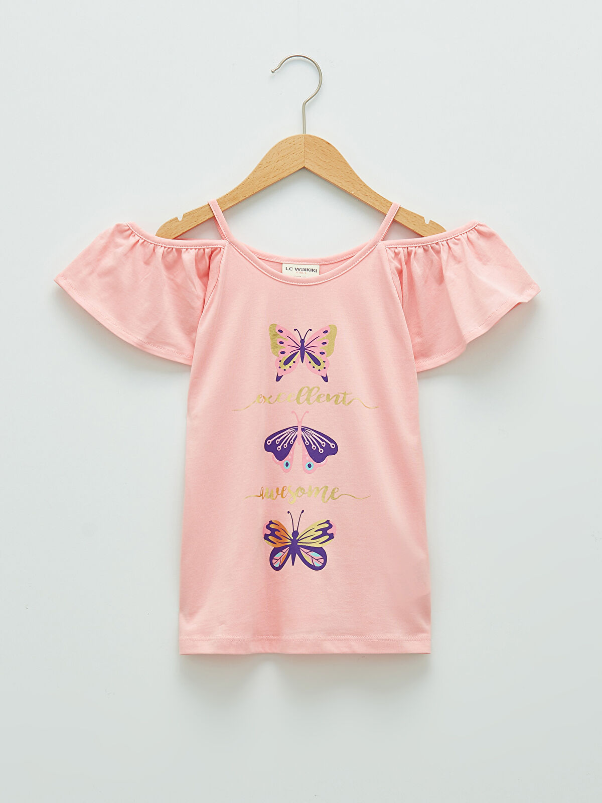 Bisiklet Yaka Baskılı Omuzu Açık Pamuklu Kız Çocuk Tişört