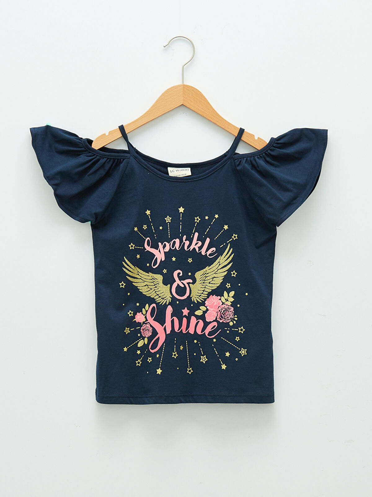 Bisiklet Yaka Baskılı Omuzu Açık Pamuklu Kız Çocuk Tişört Bisiklet Yaka Baskılı Omuzu Açık Pamuklu Kız Çocuk Tişört