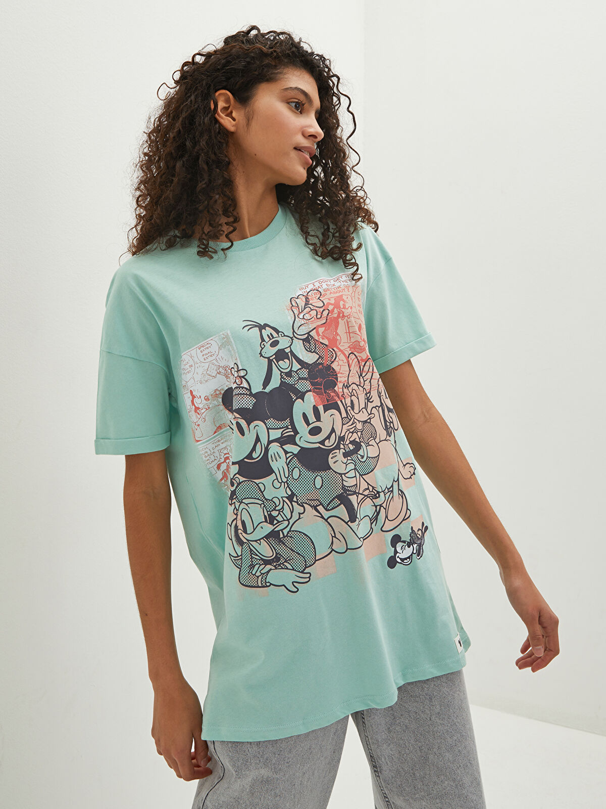 Bisiklet Yaka Mickey Mouse Baskılı Kısa Kollu Kadın Tişört Anne Kız Kombini
