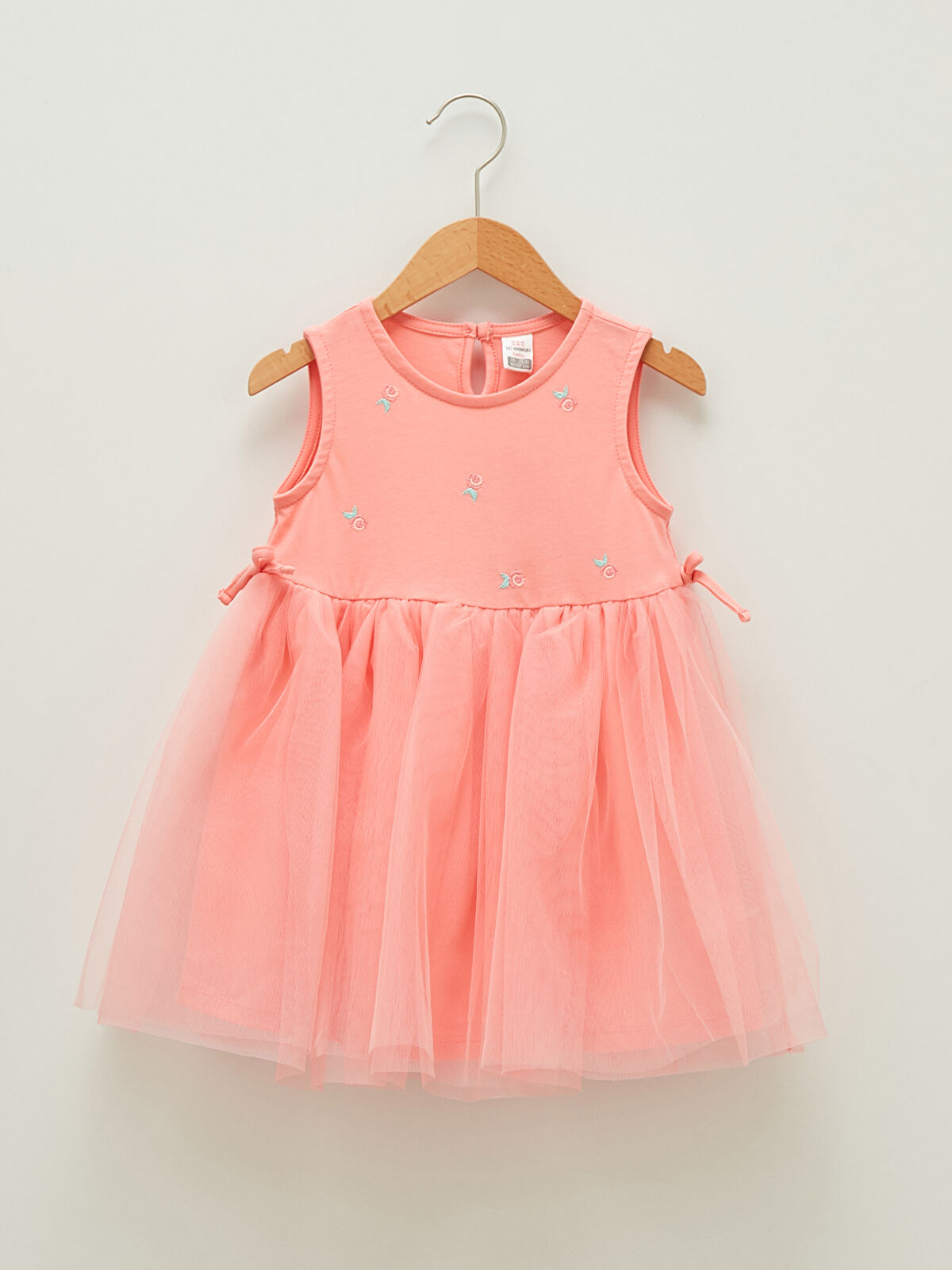 Bisiklet Yaka Nakış Detaylı Tül Etekli Kız Bebek Elbise