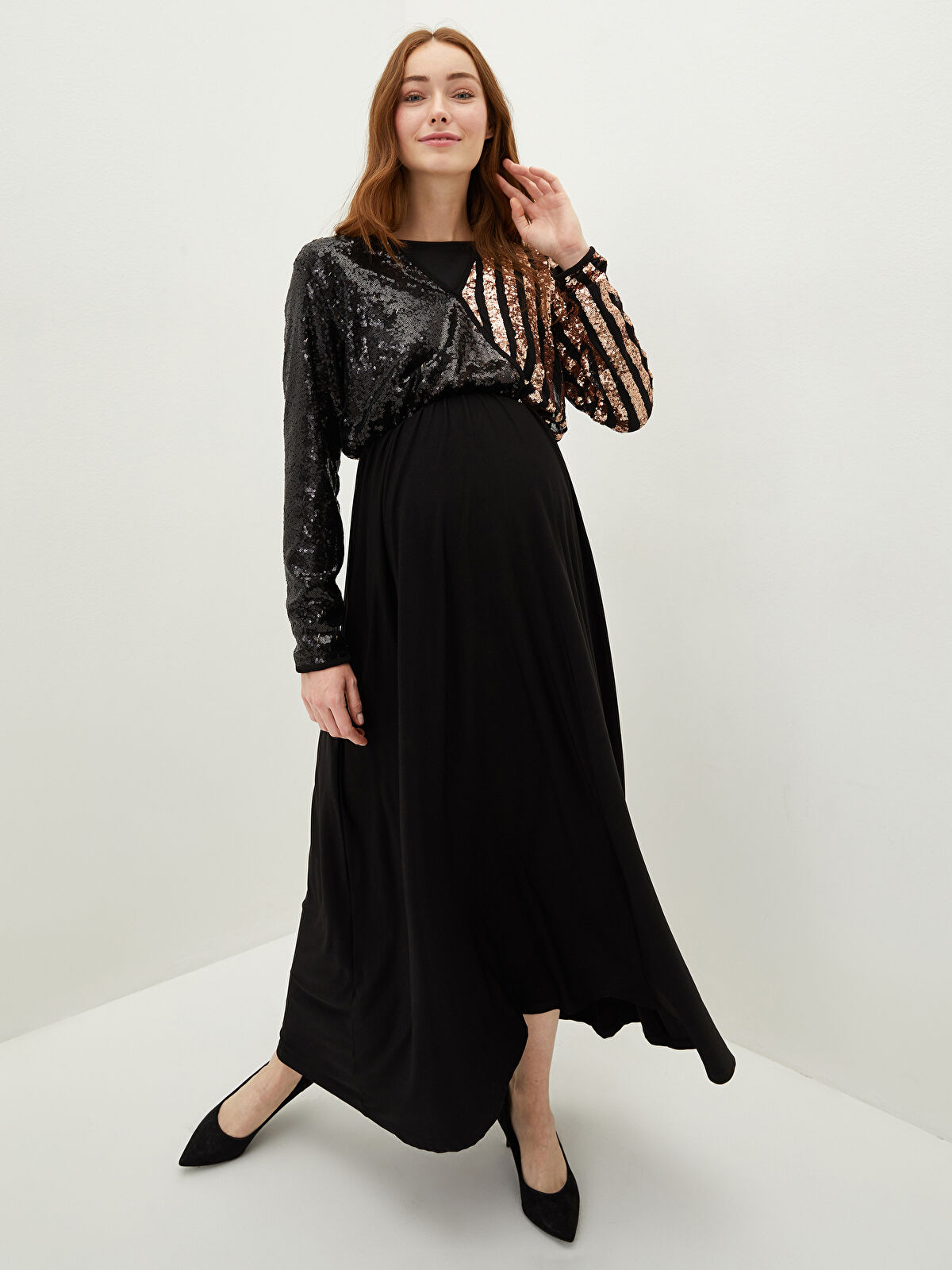 Kruvaze Yaka Pul Payetli Uzun Kollu Hamile Elbise