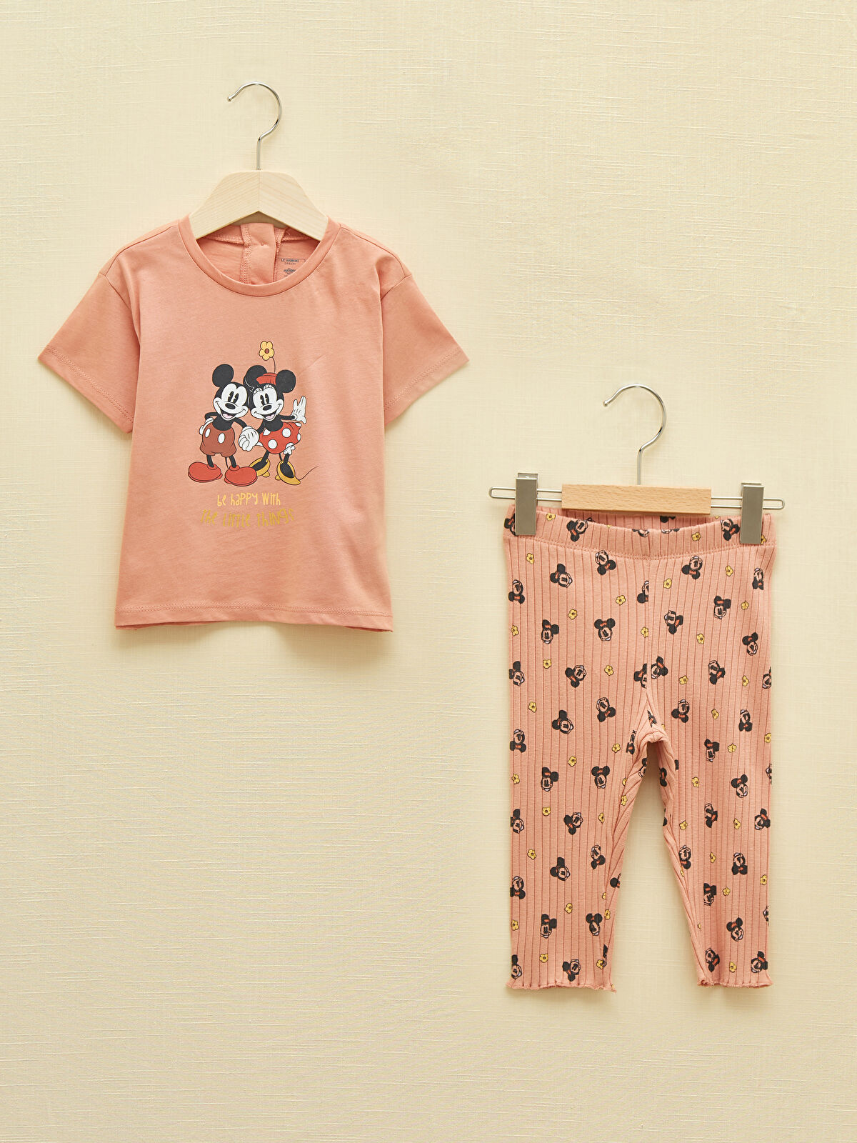 LCW GREEN Bisiklet Yaka Kısa Kollu Organik Pamuklu Minnie Mouse Baskılı Kız Bebek Tişört ve Tayt 2'li Takım