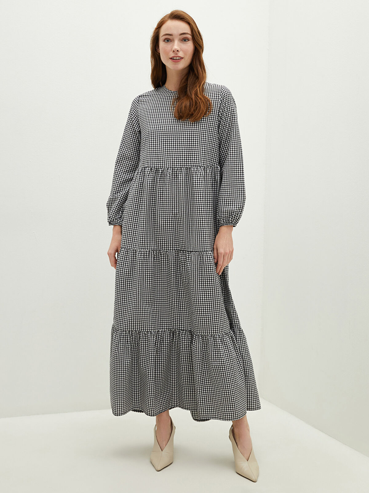 MODEST Bisiklet Yaka Ekose Uzun Kollu Kadın Poplin Elbise