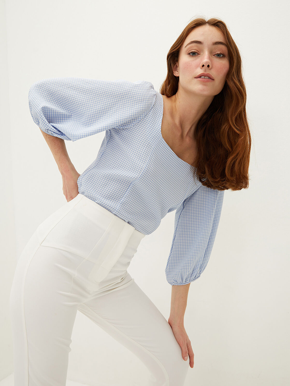 LCW CLASSIC Kare Yaka Ekose Uzun Kollu Viskon Kadın Bluz