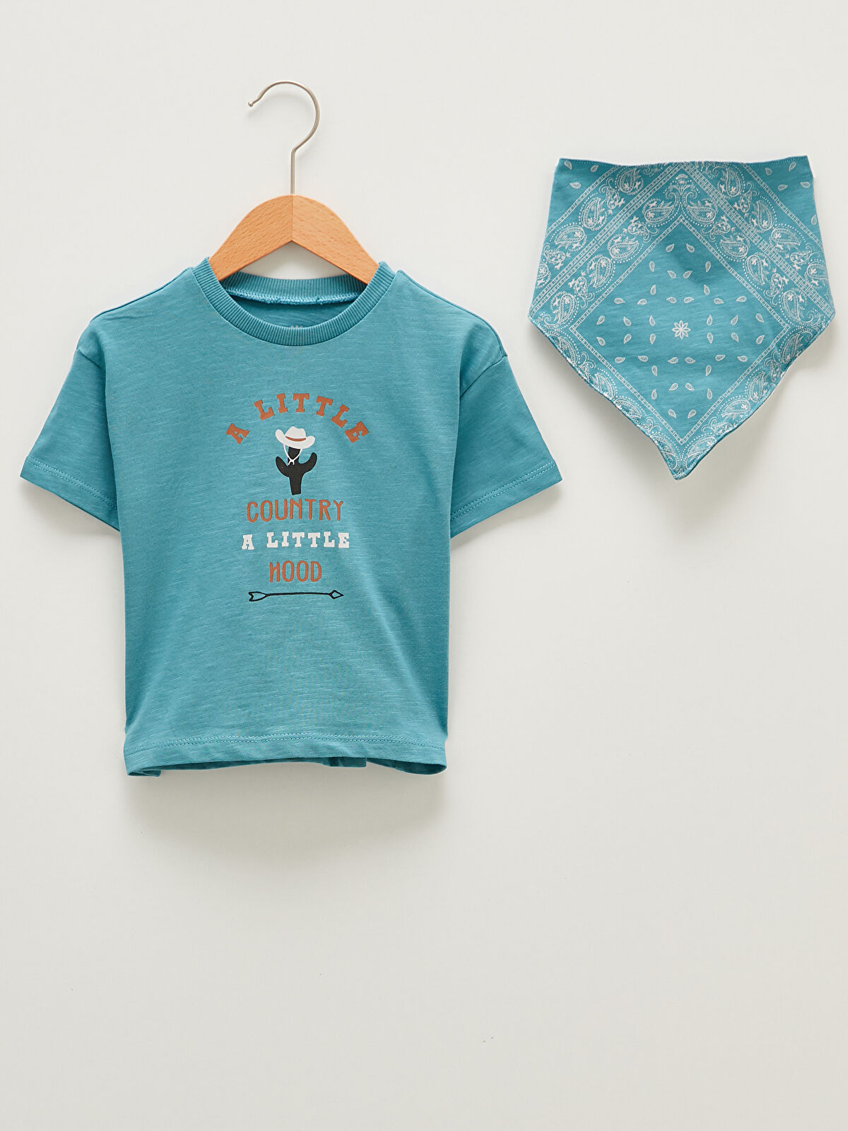 Bisiklet Yaka Kısa Kollu Baskılı Erkek Bebek Tişört ve Bandana 2'li Takım