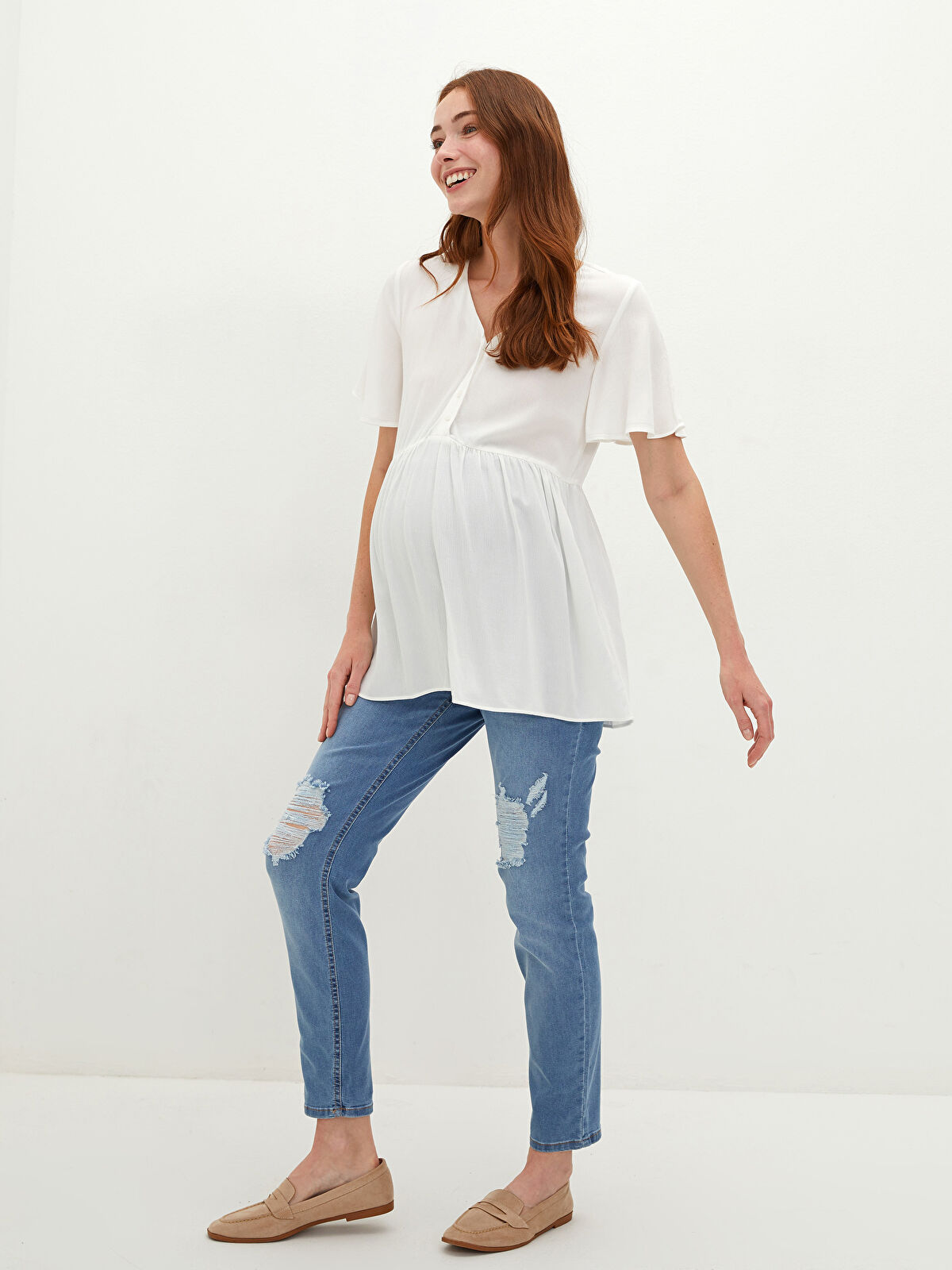 Karın Panelli Boyfriend Fit Yırtık Detaylı Hamile Rodeo Jean Pantolon