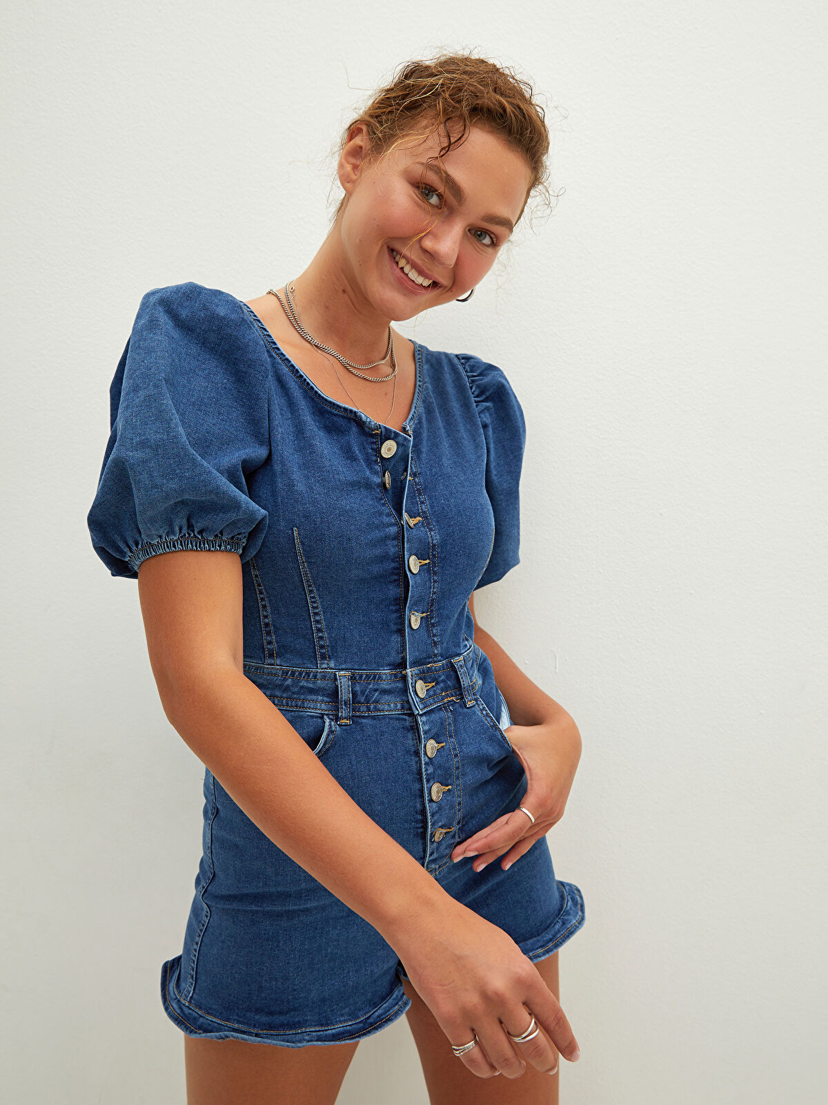 LCW CASUAL U Yaka Düz Balon Kollu Kadın Rodeo Jean Tulum