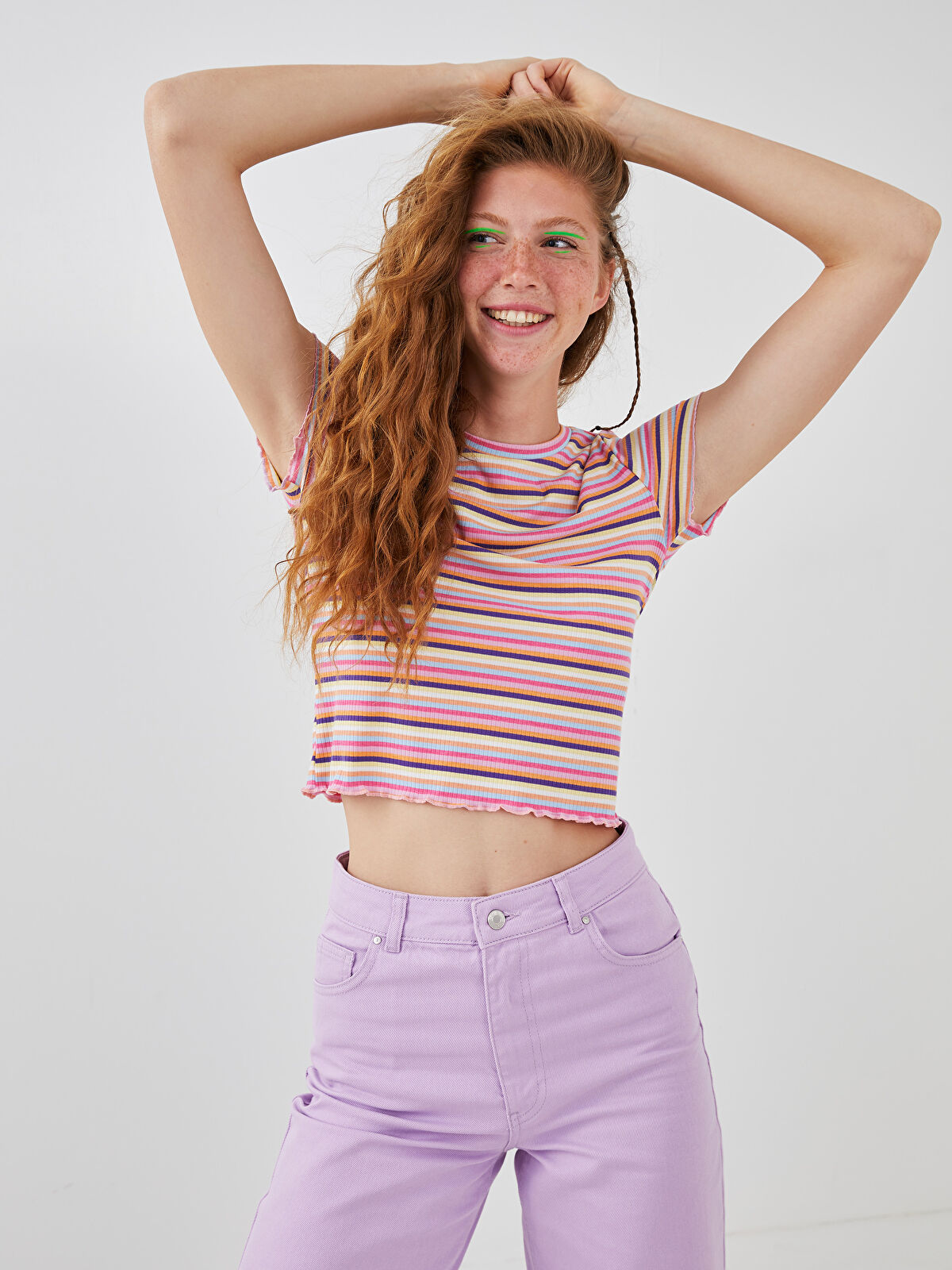 XSIDE Bisiklet Yaka Çizgili Kısa Kollu Crop Kaşkorse Kumaş Kadın Tişört