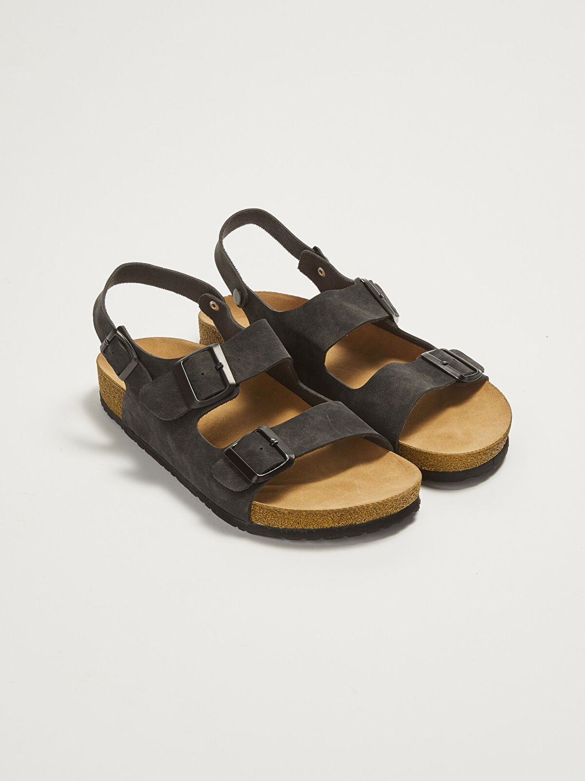 Çift Tokalı Deri Görünümlü Erkek Sandalet