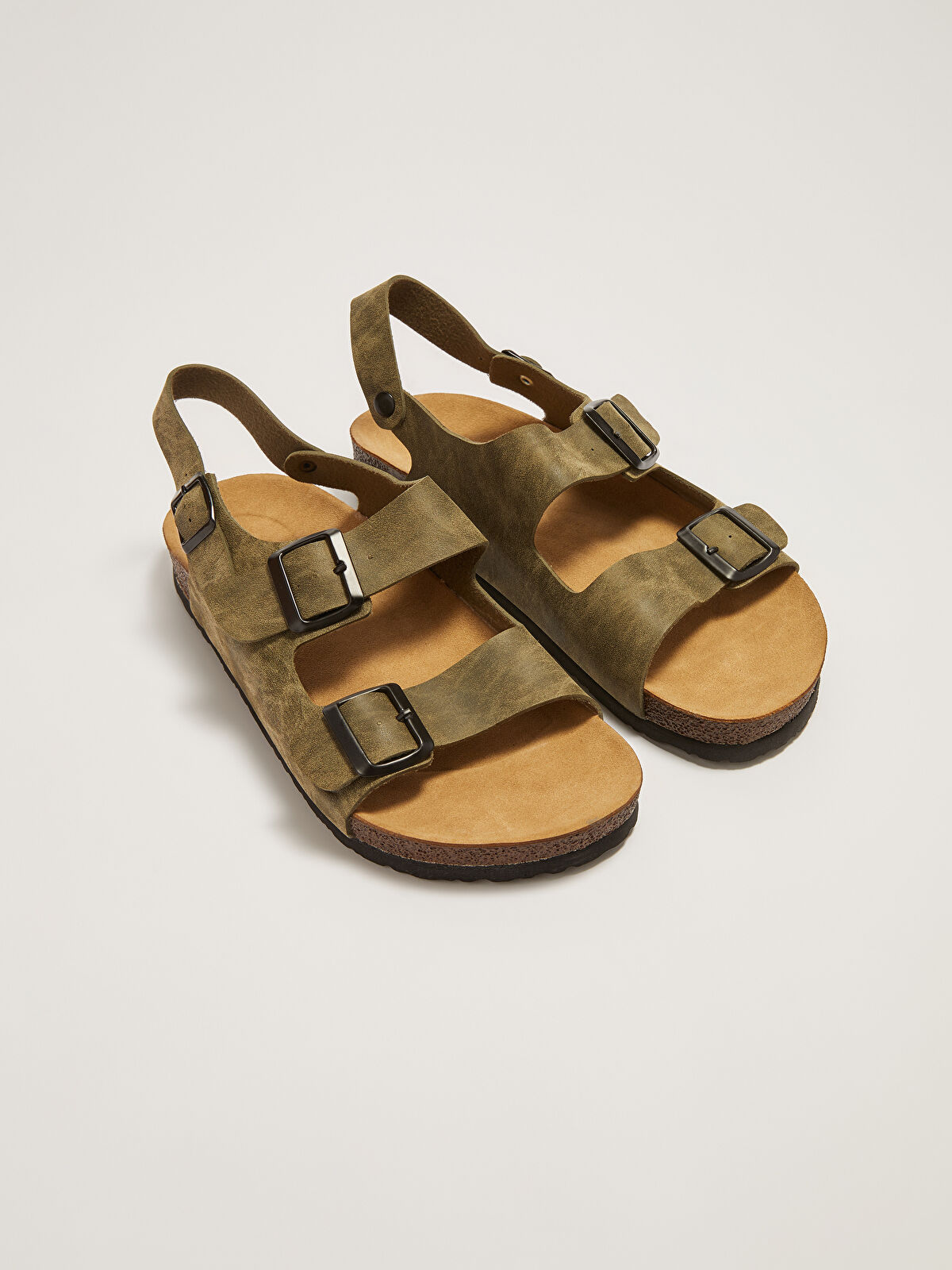 Çift Tokalı Deri Görünümlü Erkek Sandalet