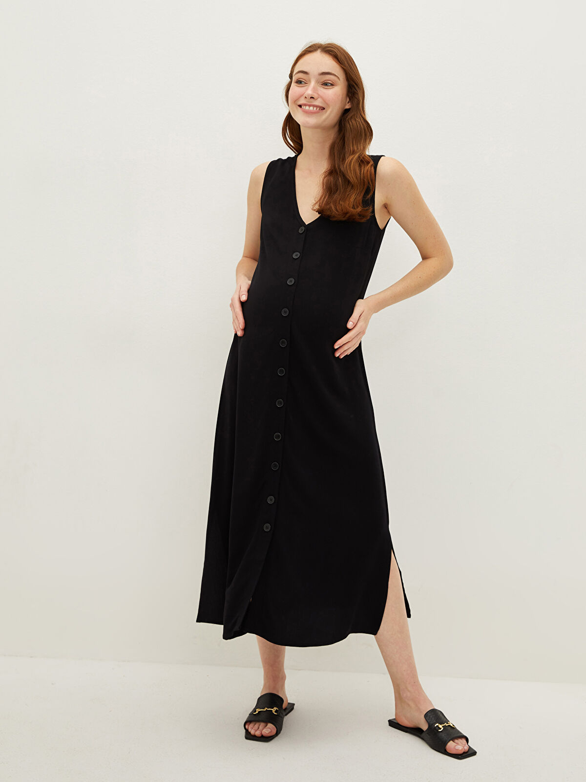 V Yaka Düz Kolsuz Belmando Kumaş Hamile Elbise