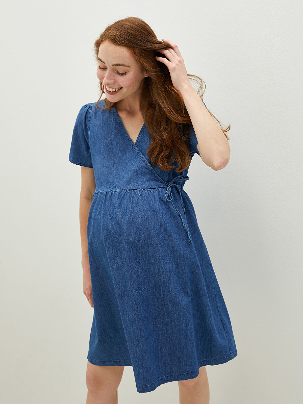 Kruvaze Yaka Düz Kısa Kollu Hamile Rodeo Jean Elbise