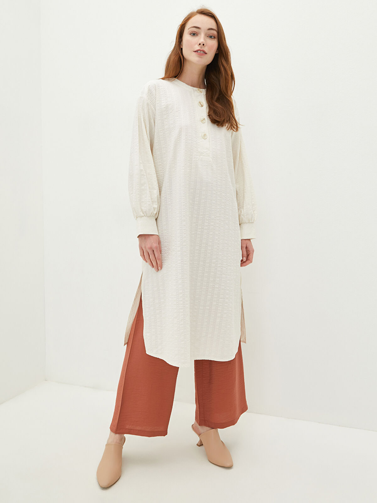 MODEST Düğmeli Bisiklet Yaka Düz Uzun Kollu Oversize Kadın Tunik