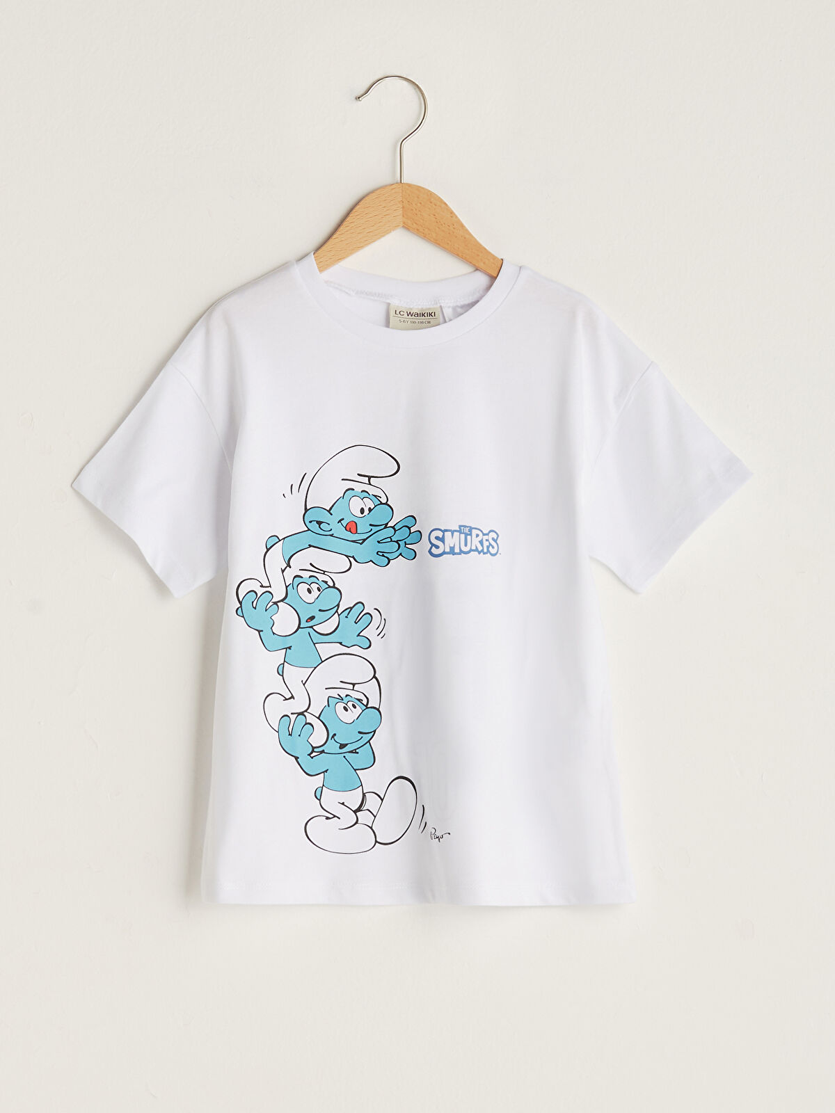 Bisiklet Yaka Şirinler Baskılı Kısa Kollu Kız Çocuk Tişört