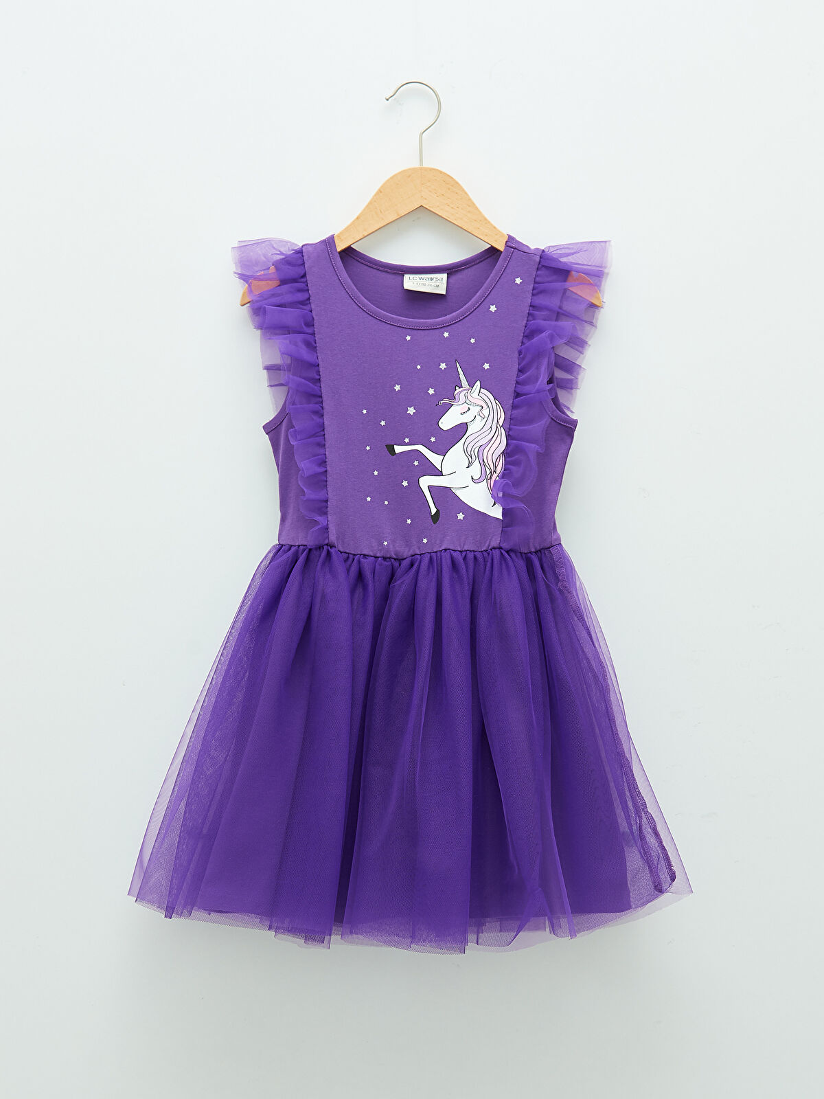 Bisiklet Yaka Baskılı Kolları Fırfırlı Tül Detaylı Elbise