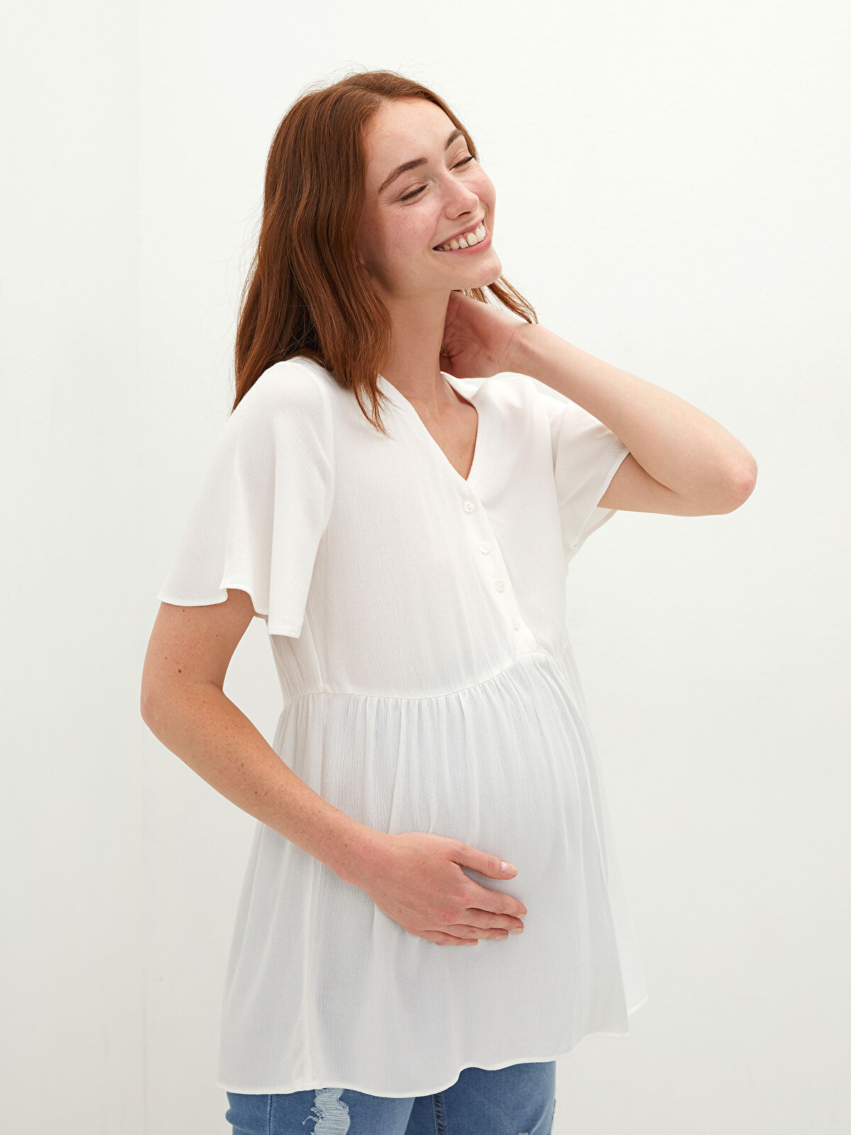 V Yaka Düz Önden Düğmeli Kısa Kollu Viskon Hamile Bluz