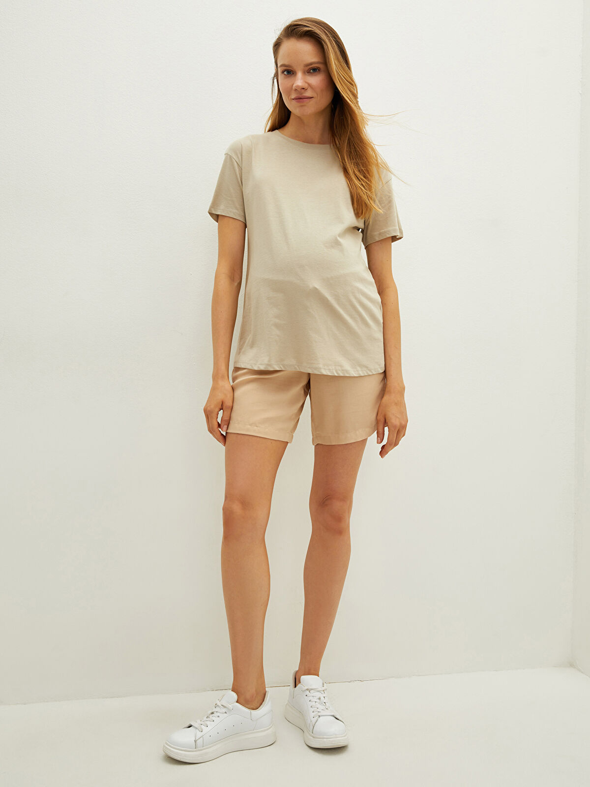 Beli Lastikli Düz Cep Detaylı Keten Karışımlı Kumaş Hamile Şort