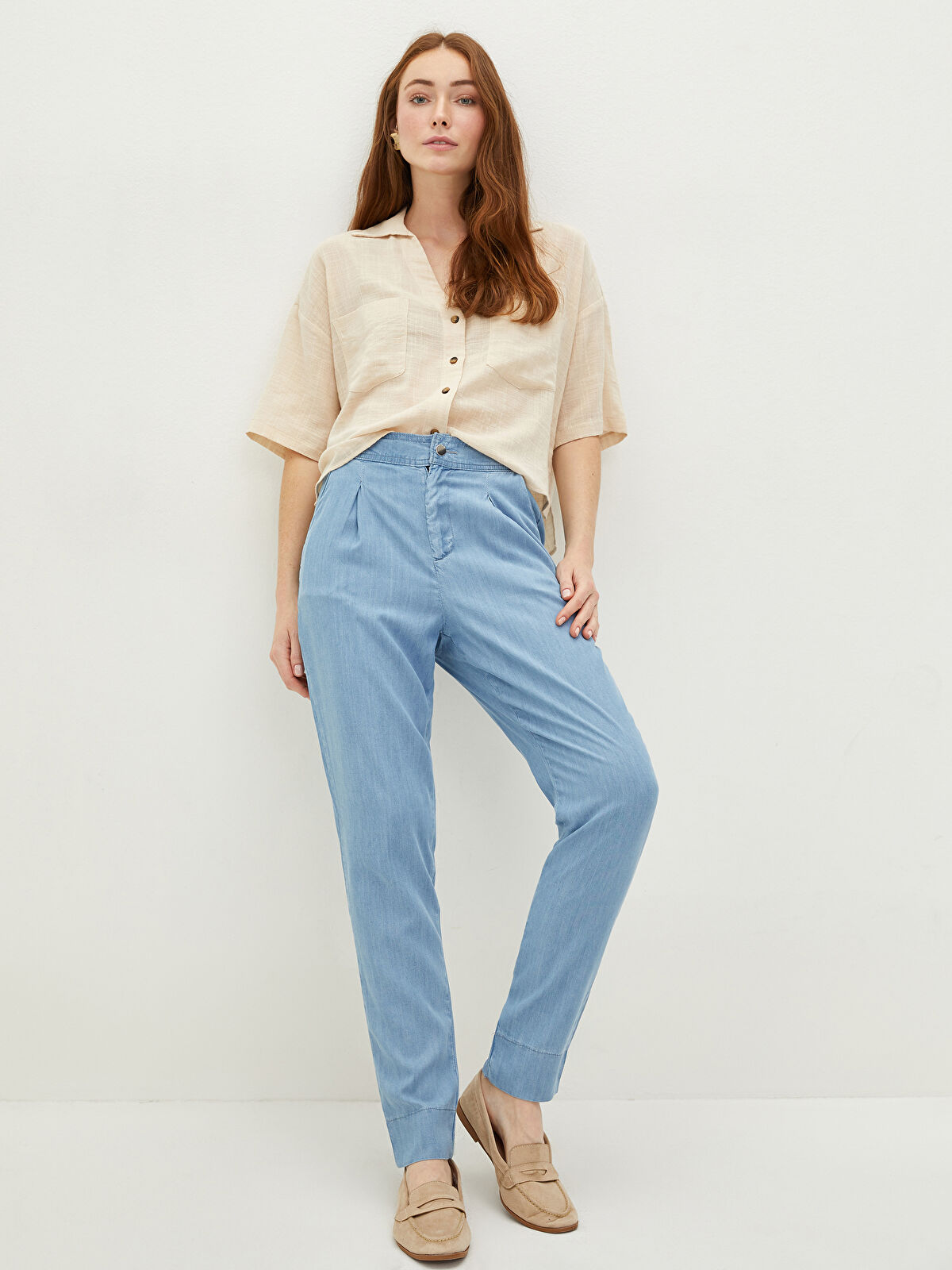 LCW BASIC Beli Lastikli Bol Fit Cep Detaylı Tencel Kumaş Kadın Jean Pantolon