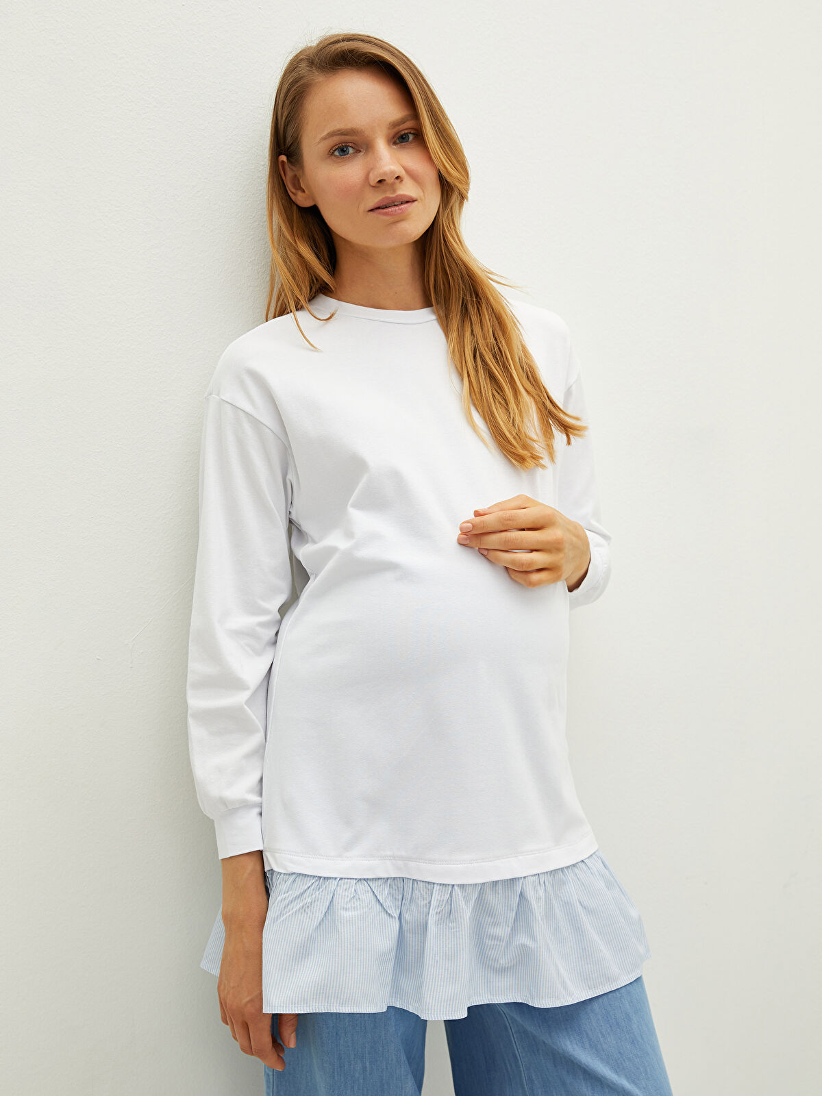 Bisiklet Yaka Çizgi Detaylı Uzun Kollu Hamile Tunik