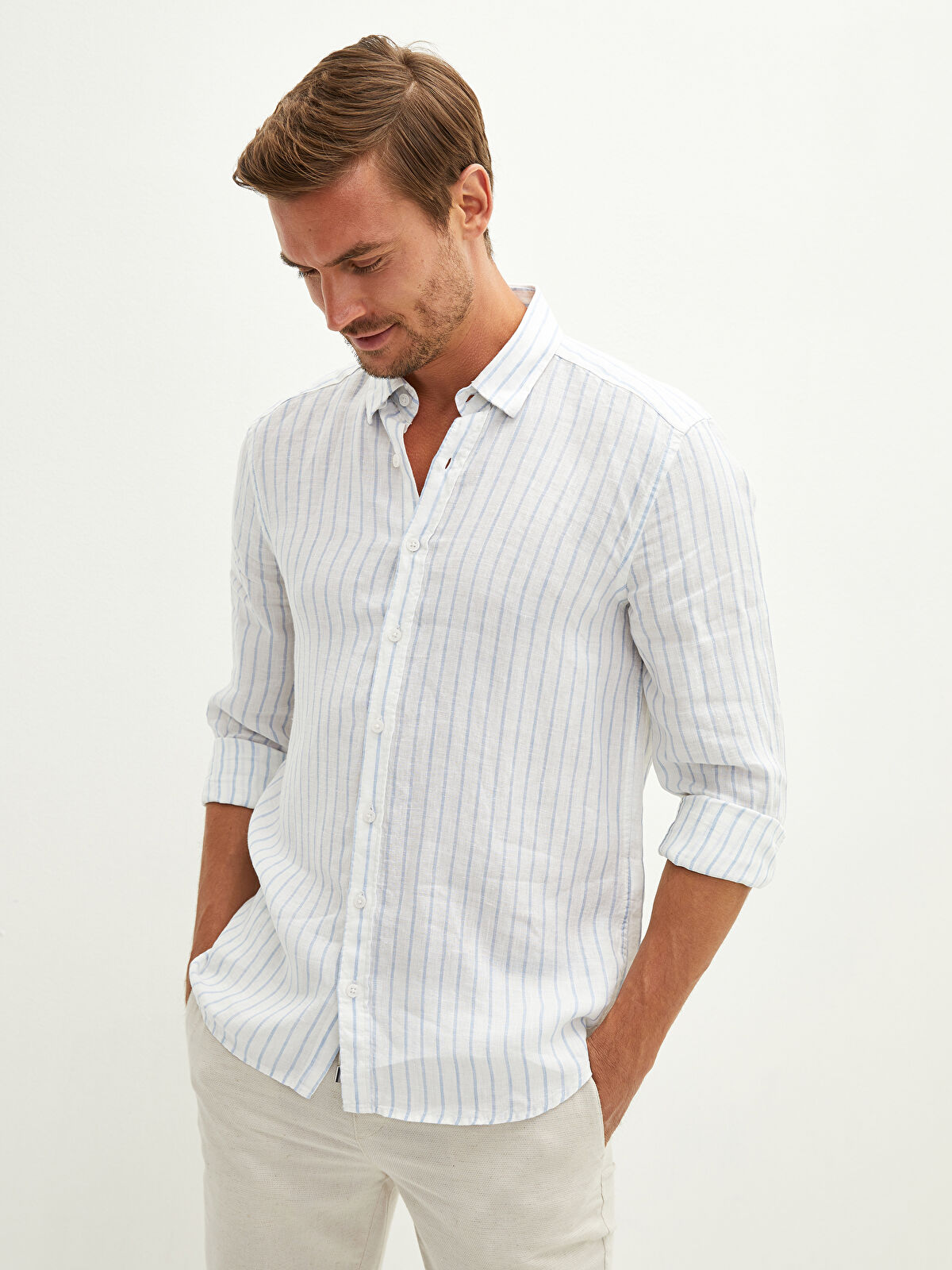 LCW CLASSIC Slim Fit Uzun Kollu Çizgili Keten Erkek Gömlek LCW CLASSIC Slim Fit Uzun Kollu Çizgili Keten Erkek Gömlek