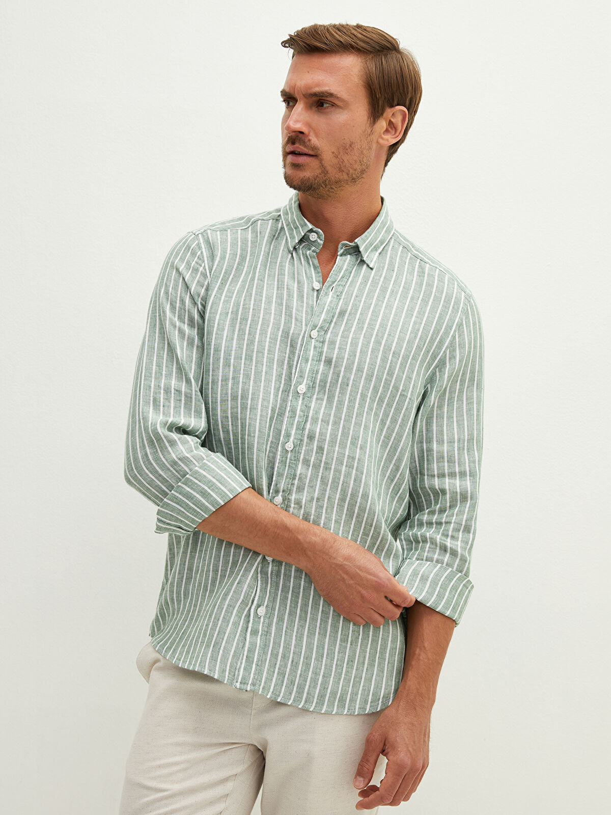 LCW CLASSIC Slim Fit Uzun Kollu Çizgili Keten Erkek Gömlek LCW CLASSIC Slim Fit Uzun Kollu Çizgili Keten Erkek Gömlek